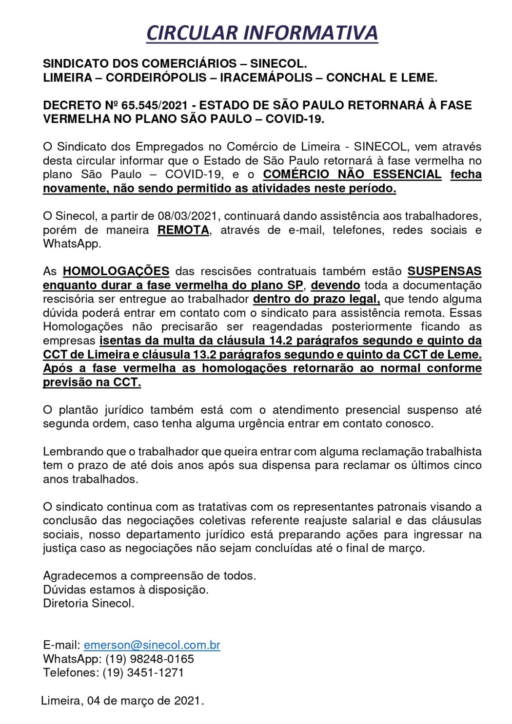 CIRCULAR INFORMATIVA – FASE VERMELHA – Sinecol